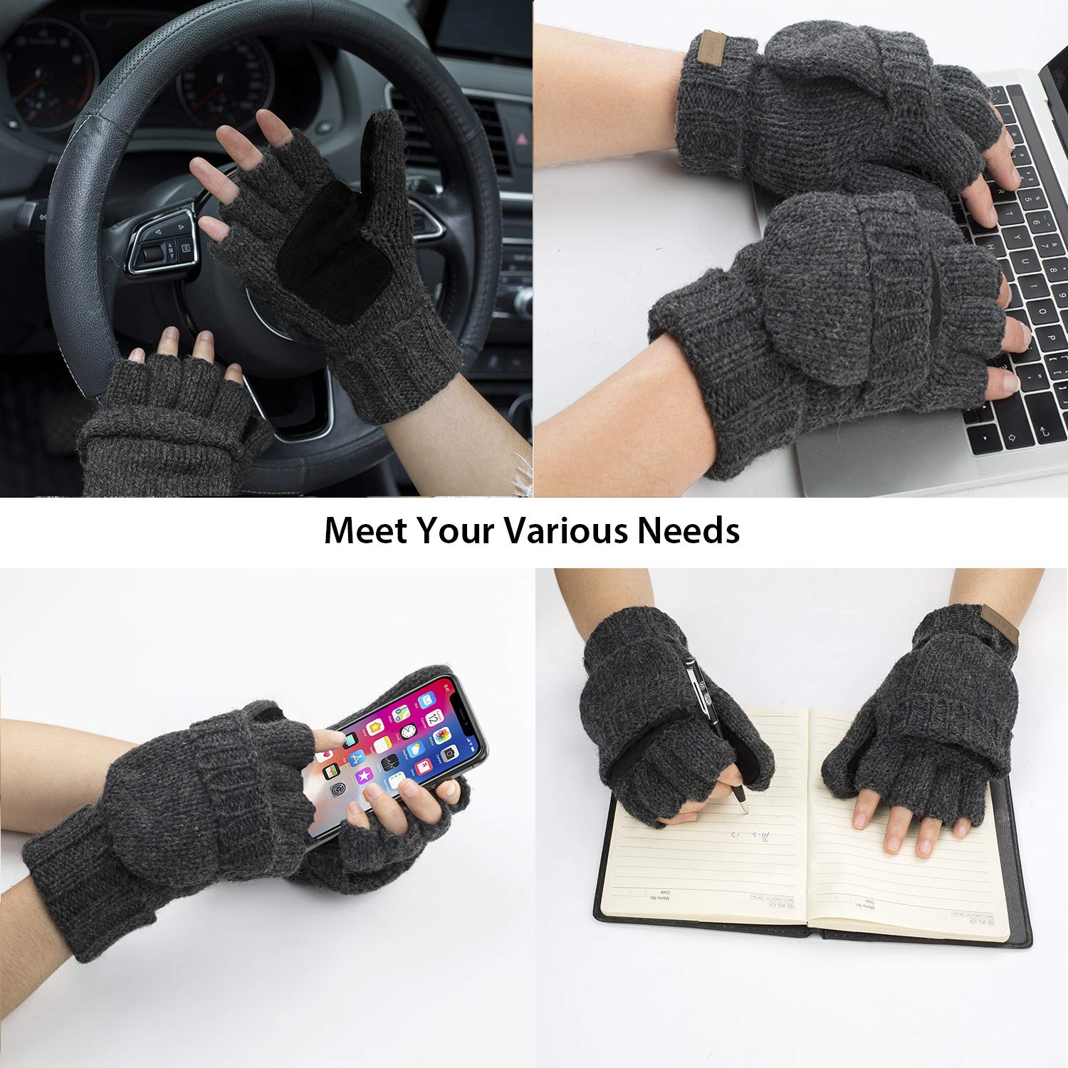 ViGrace Winter Knitted Convertible Fingerless Gloves Wool Mittens Warm Mitten Glove for Women and Men