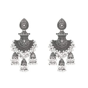 jhumka tassel drop earrings bridal dangle for women ethnic afghan silver oorbellen vintage boho tribal egypt nepal gypsy jewelry (silver)