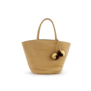 qtkj women straw summer beach bag handwoven big tote shoulder handbag with pom pom decorate (khaki)