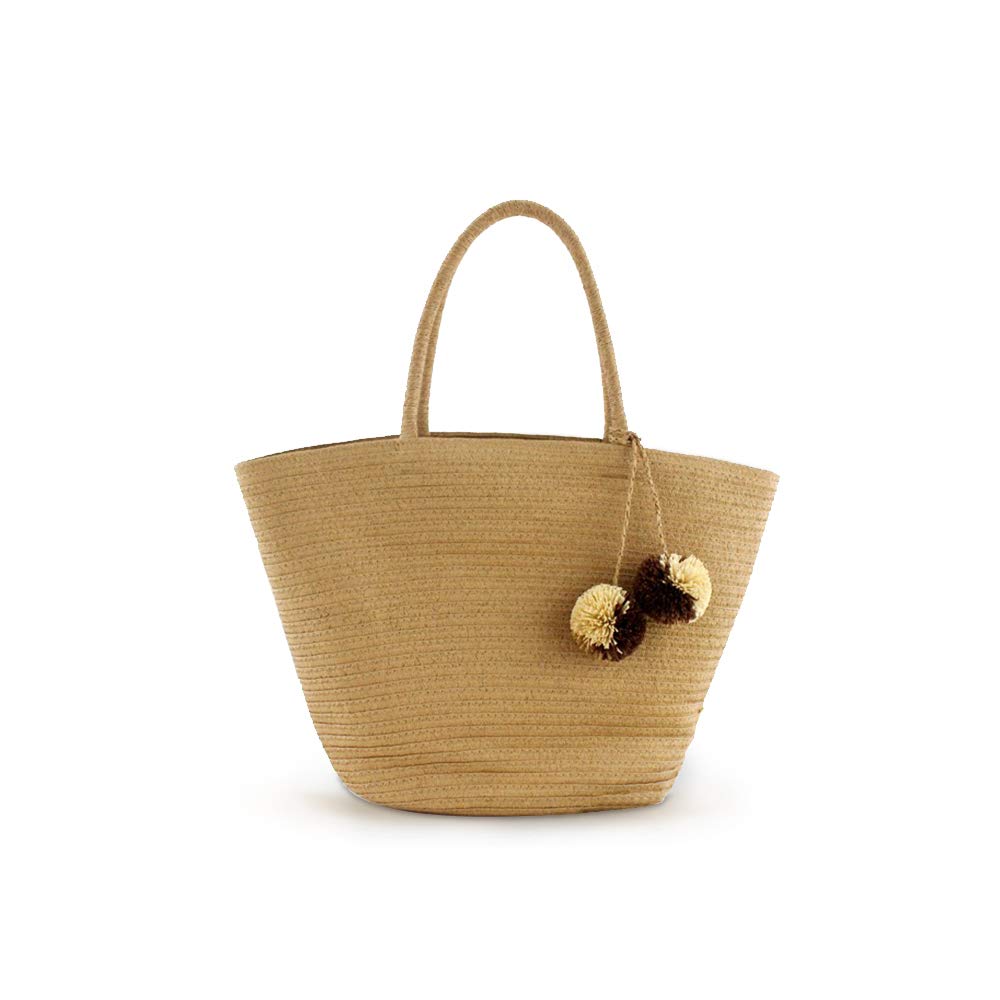 QTKJ Women Straw Summer Beach Bag Handwoven Big Tote Shoulder Handbag with Pom Pom Decorate (Khaki)