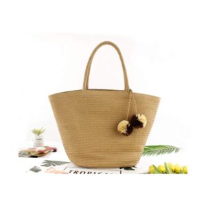 QTKJ Women Straw Summer Beach Bag Handwoven Big Tote Shoulder Handbag with Pom Pom Decorate (Khaki)