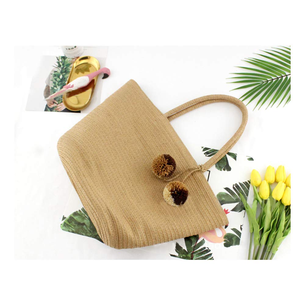 QTKJ Women Straw Summer Beach Bag Handwoven Big Tote Shoulder Handbag with Pom Pom Decorate (Khaki)