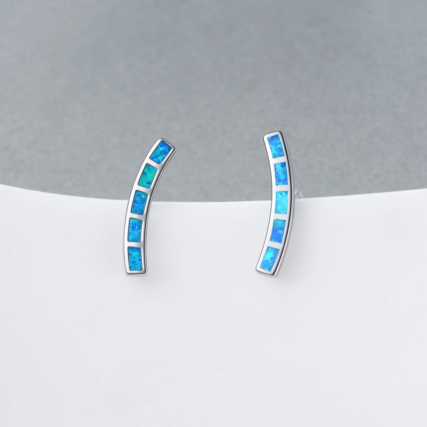 WINNICACA Ear Crawler Climber Earrings Sterling Silver Created Blue Fire Opal Slender Small Bar Stud Earrings Gifts for Women