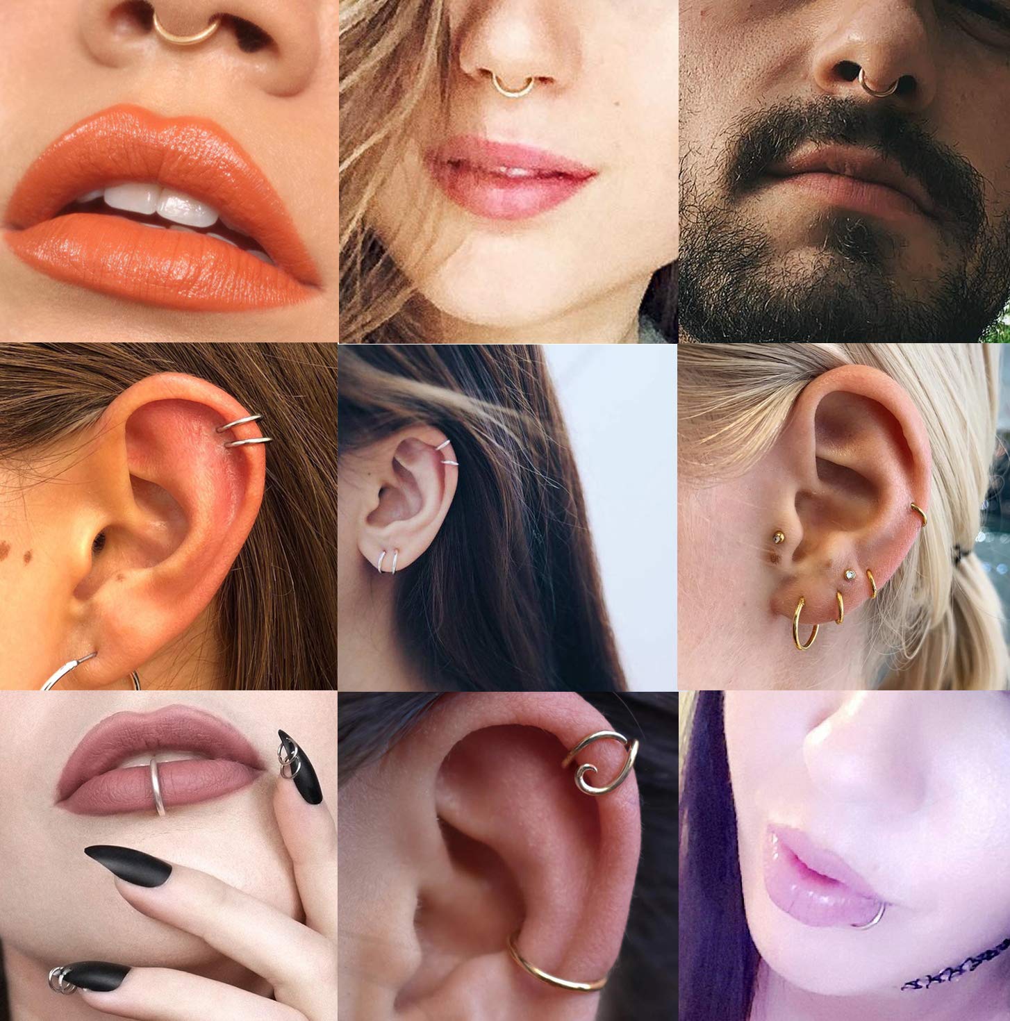 REVOLIA 8Pcs 16G Surgical Steel Nose Rings Hoop Septum Piercings Cartilage Earrings for Women Men Helix Couch Daith Lip Tragus Piercings Hinged Clicker 6-12mm Rose-gold