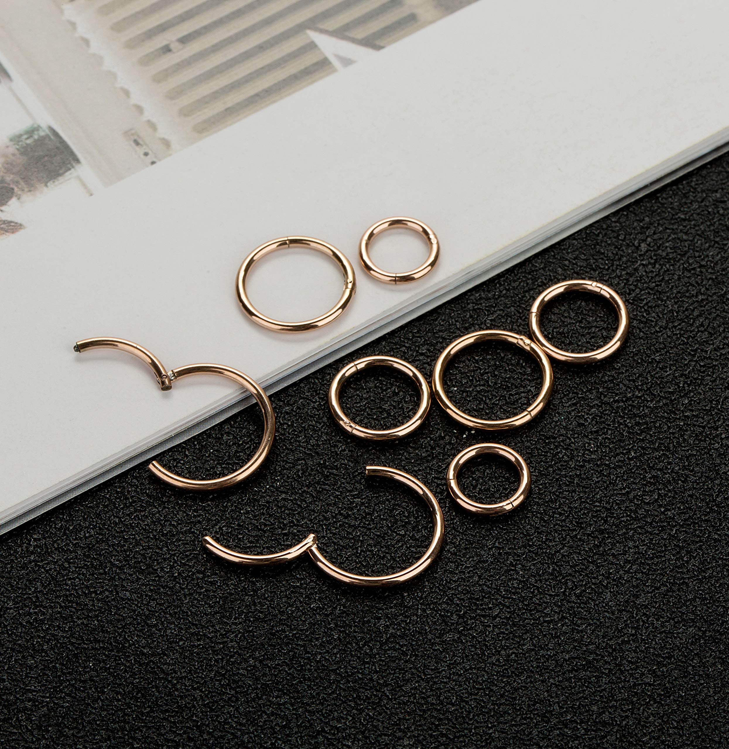 REVOLIA 8Pcs 16G Surgical Steel Nose Rings Hoop Septum Piercings Cartilage Earrings for Women Men Helix Couch Daith Lip Tragus Piercings Hinged Clicker 6-12mm Rose-gold