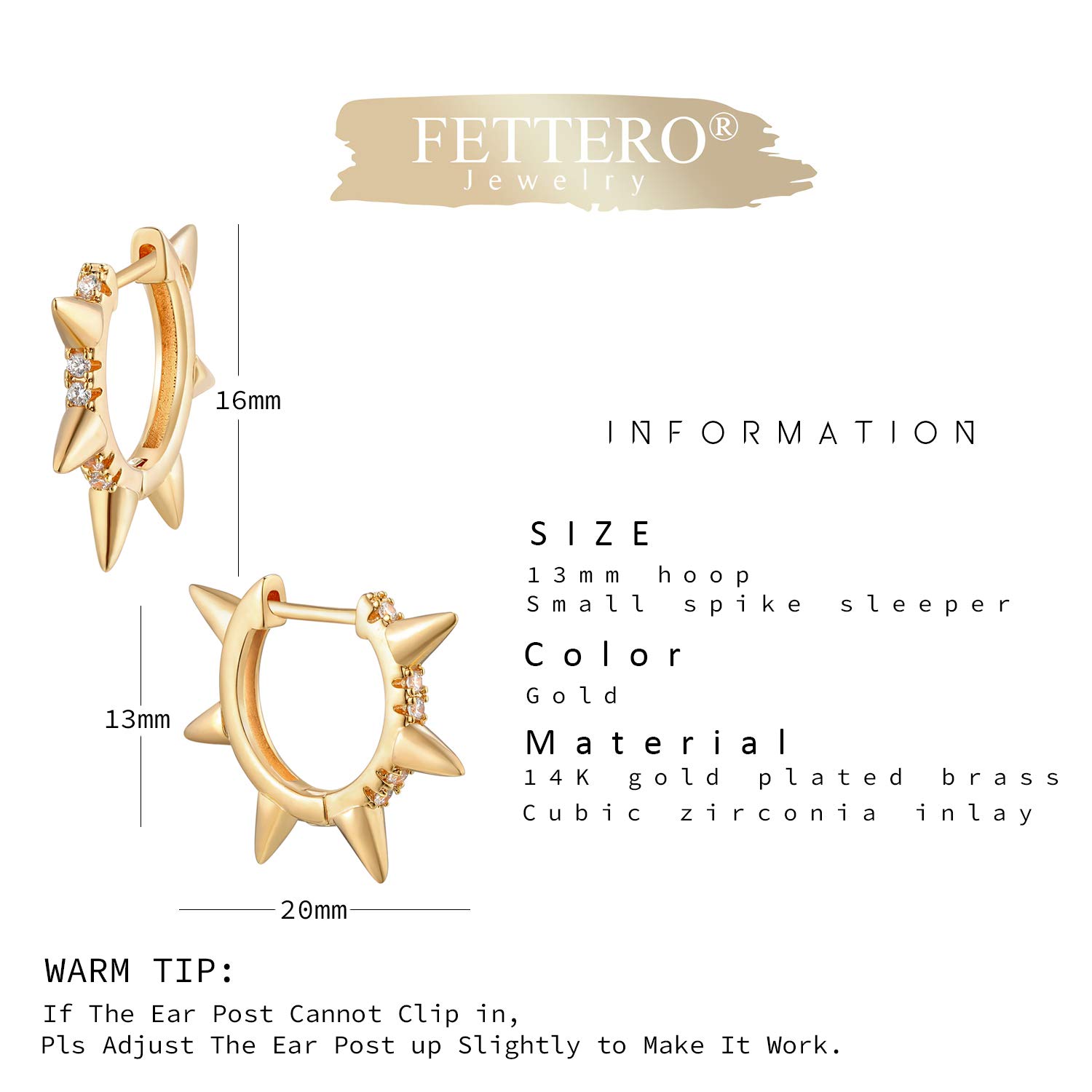 FETTERO Women Spike Earrings Gold Huggie Hoops 14K Gold Plated Small Hoop Earrings for Women Boho Simple Delicate Gold Earrings Handmade Hypoallergenic Earrings Jewelry Gift