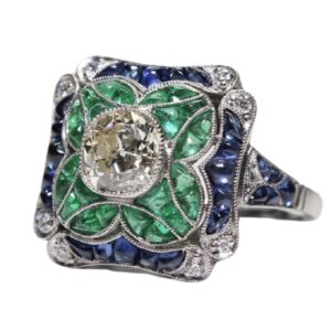 Yuren 925 Sterling Silver Vintage Emerald Ring Blue Sapphire White Topaz Ring Women Wedding Fashion Jewelry Size 6-10 (US Code 8)