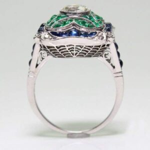 Yuren 925 Sterling Silver Vintage Emerald Ring Blue Sapphire White Topaz Ring Women Wedding Fashion Jewelry Size 6-10 (US Code 8)