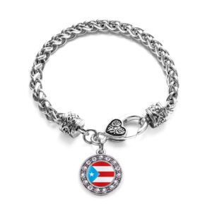 inspired silver - puerto rico flag braided bracelet for women - silver circle charm bracelet with cubic zirconia jewelry