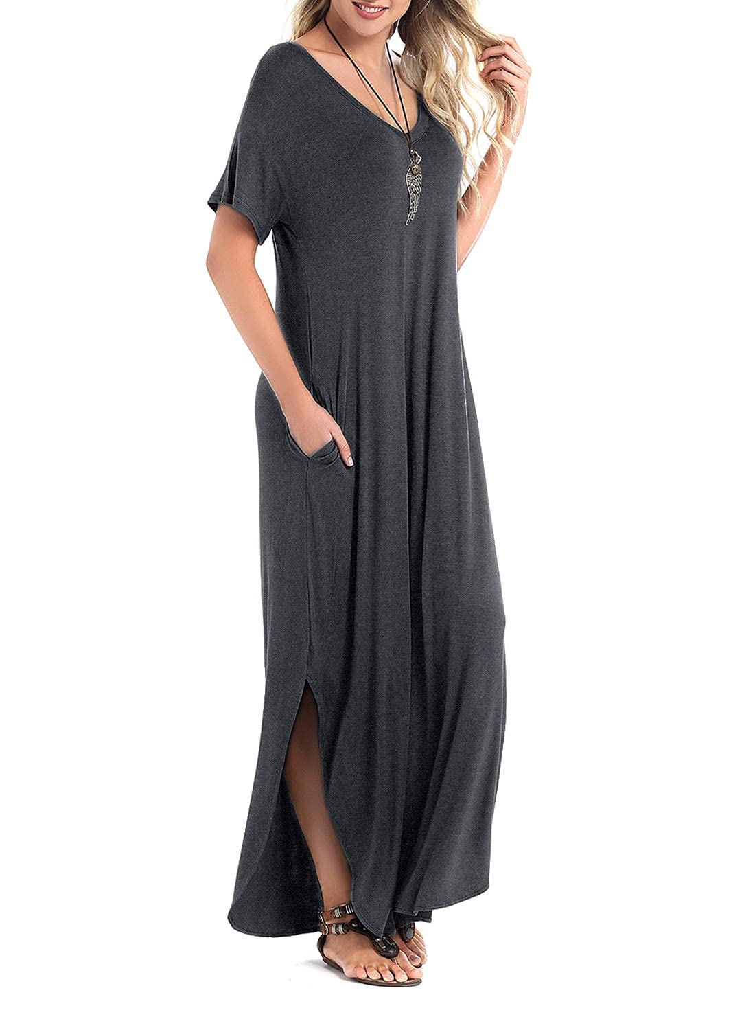 Arolina Women's Summer Maxi Dress Short Sleeve V Neck Casual Loose Long Beach Split Dresses with Pockets Dark Grey