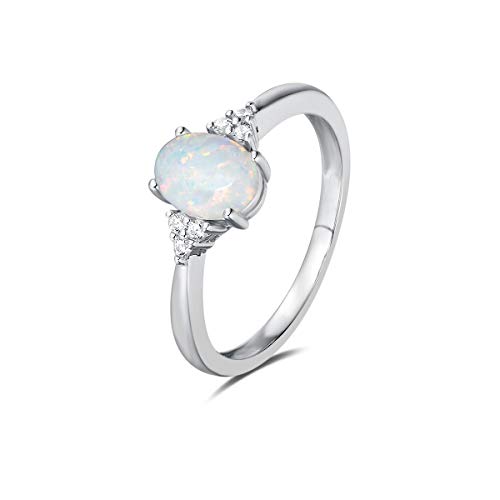 FANCIME Created Opal Rings Sterling Silver 4-prong Halo White Opal Ring Cubic Zirconia Engagement Wedding Ring Fine Jewelry for Women Size 7