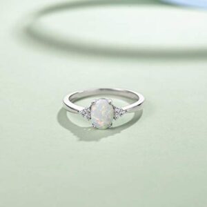 FANCIME Created Opal Rings Sterling Silver 4-prong Halo White Opal Ring Cubic Zirconia Engagement Wedding Ring Fine Jewelry for Women Size 7