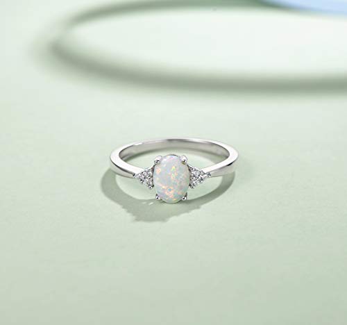 FANCIME Created Opal Rings Sterling Silver 4-prong Halo White Opal Ring Cubic Zirconia Engagement Wedding Ring Fine Jewelry for Women Size 7