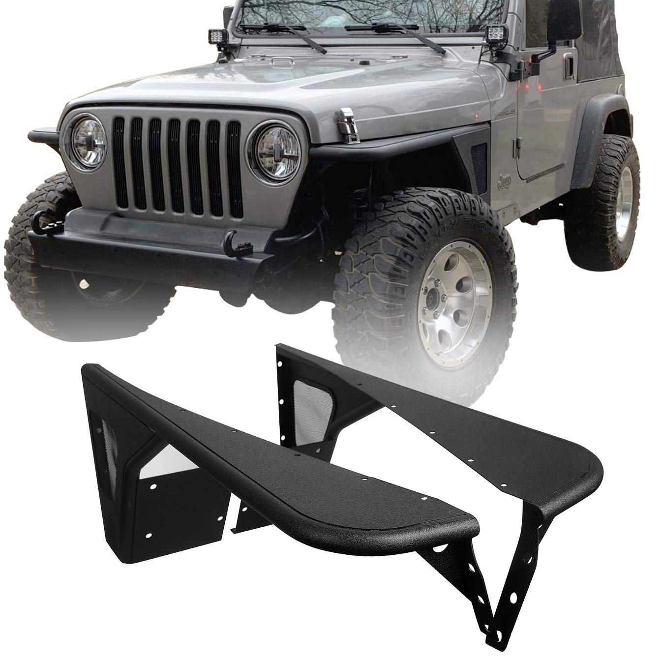 Hooke Road Wrangler TJ Front Flat Fender Flares Steel Armor Wheel Cover Guards for 1997-2006 Jeep Wrangler TJ & Unlimited (2PCS)