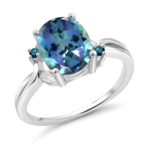 gem stone king 925 sterling silver millennium blue mystic topaz and blue diamond 3 stone ring for women (3.03 cttw, oval 10x8mm, gemstone birthstone, available in size 5, 6, 7, 8, 9)