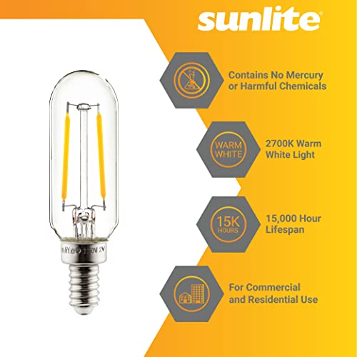 Sunlite LED Filament T8 Tubular Light Bulb, 2 Watts (25W Equivalent), Candelabra E12 Base, Dimmable, 85 mm, UL Listed, 130 Lumens, 2700K Soft White, 12 Count