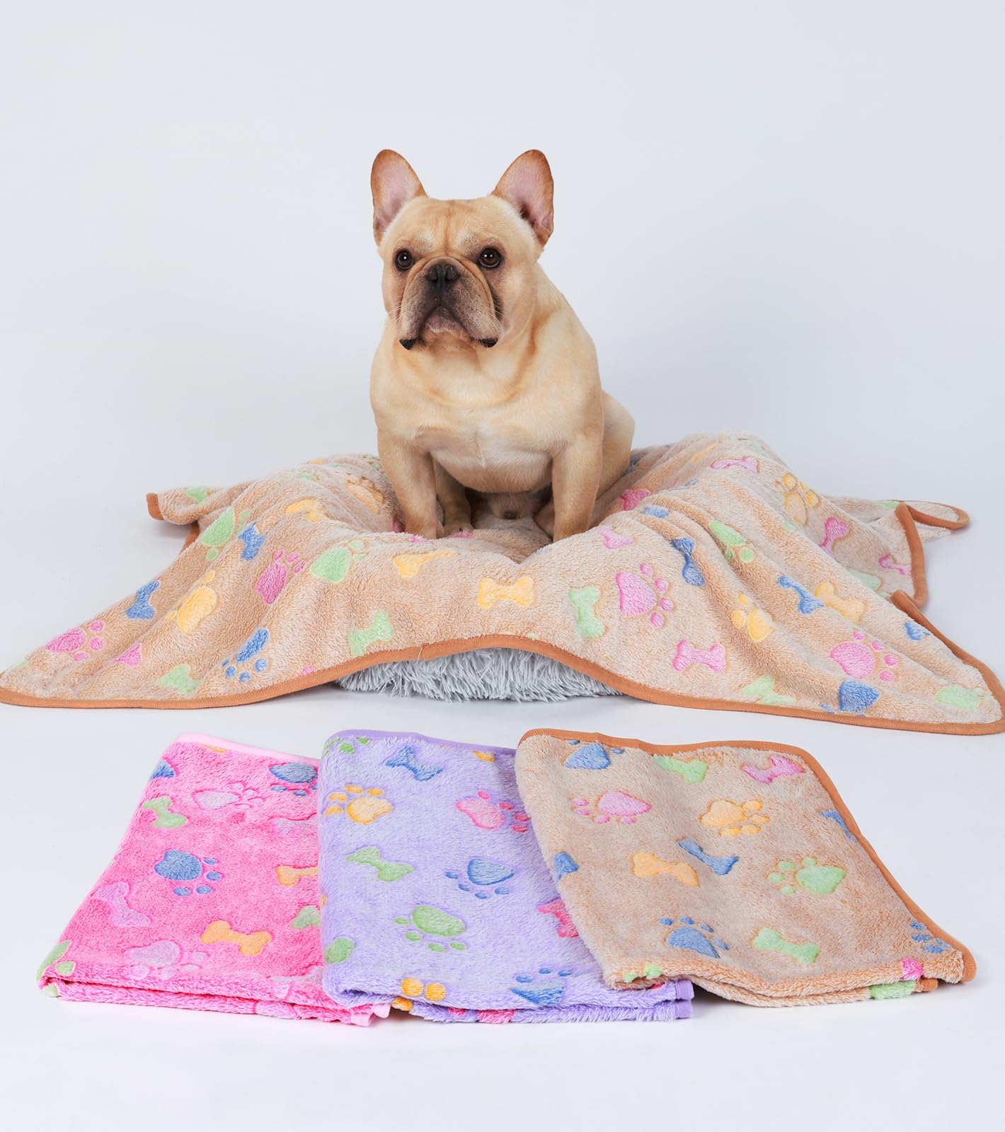 1 Pack 3 Blankets Super Soft Fluffy Cute Bone Pattern Pet Blanket Flannel Throw for Dog Puppy Cat Pink/Brown/Purple Large