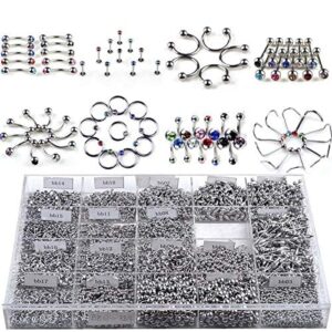 fidgetkute piercing kit stainless steel ring, body jewelry for tongue, navel, nose, nipple, earring 85pcs lots mixed