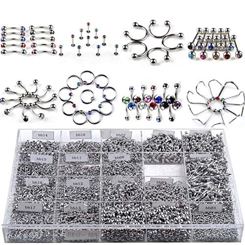 FidgetKute Piercing Kit stainless steel ring, Body Jewelry For Tongue, Navel, Nose, Nipple, Earring 85Pcs Lots Mixed