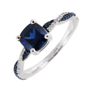 dazzlingrock collection 6 mm cushion lab created blue sapphire with round blue sapphire & diamond ladies engagement ring | 10k white gold, size 7.5