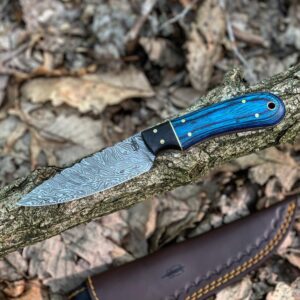 BucknBear Custom Handmade Fixed Blade Damascus Hunting Knife with Leather Sheath - Drop Point Utility (Maple Burl Handle)