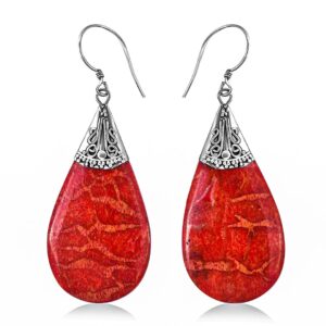 shop lc red coral dangle boho earrings in 925 sterling silver - handmade boho jewelry birthday gifts for women - natural coral dangling drop statement earrings