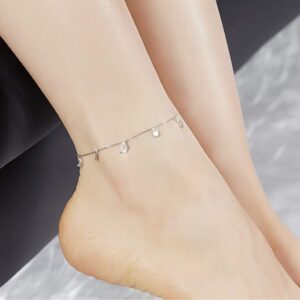 Dainty Star and Moon Anklet 925 Sterling Silver CZ Crystal Adjustable Dangle Charm Beach Foot Anklets Bracelet Summmer Foot Jewelry for Women (Silver)