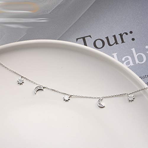 Dainty Star and Moon Anklet 925 Sterling Silver CZ Crystal Adjustable Dangle Charm Beach Foot Anklets Bracelet Summmer Foot Jewelry for Women (Silver)