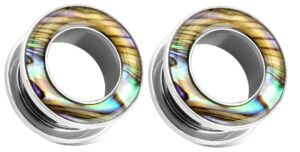 zaya body jewely pair of steel abalone shell screw fit surgical steel tunnels ear plugs gauges 2g 0g 00g 1/2 inch (2g 6mm)