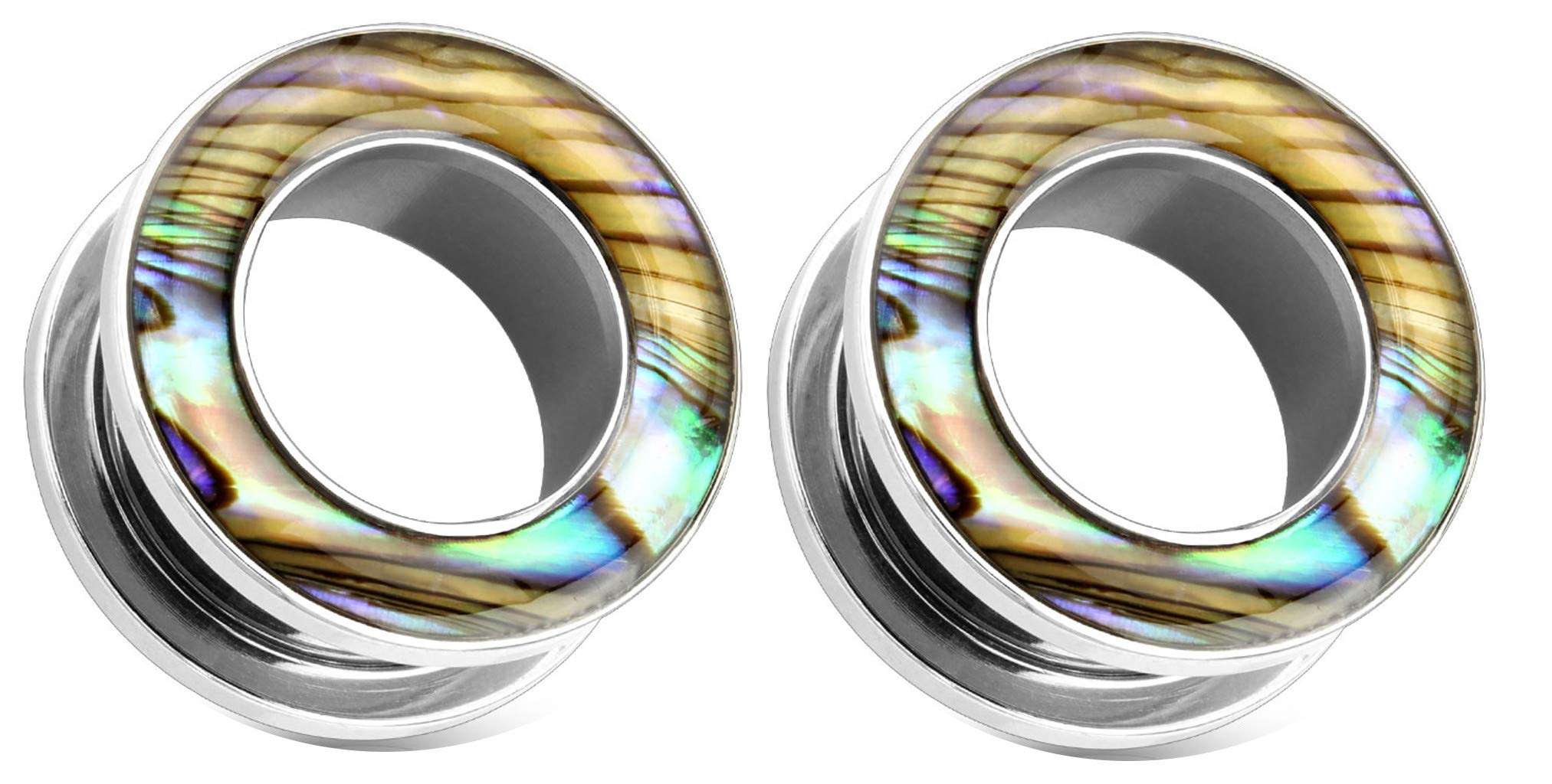 Zaya Body Jewely Pair of Steel Abalone Shell Screw Fit Surgical Steel Tunnels Ear Plugs Gauges 2g 0g 00g 1/2 inch (2g 6mm)