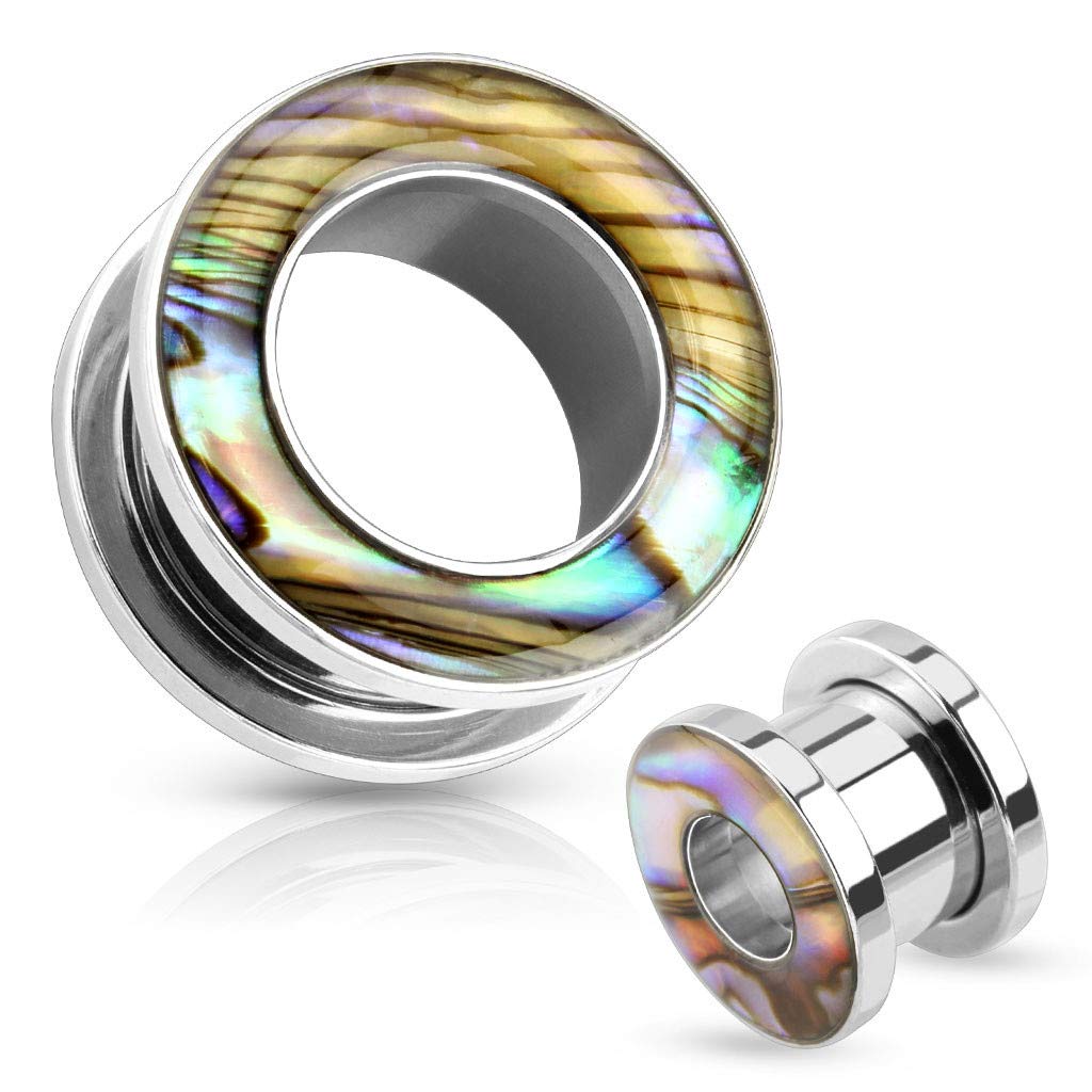 Zaya Body Jewely Pair of Steel Abalone Shell Screw Fit Surgical Steel Tunnels Ear Plugs Gauges 2g 0g 00g 1/2 inch (2g 6mm)