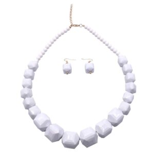 white beads necklace, acrylic costume jewelry for women chunky statement strand necklaces with bracelet dangle earrings, big african beaded necklace halloween festivals accessory