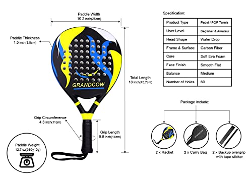 Padel Tennis Racket Racquet Carbon Fiber Power Lite Pop EVA Foam POP Tennis Paddle Paddleball Racket Racquets (2Pcs Black)