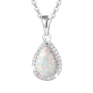 fancime sterling silver opal necklace white fire opal halo waterdrop teardrop pear shape opal pendant october birthstone necklace jewelry for women 16”+2”