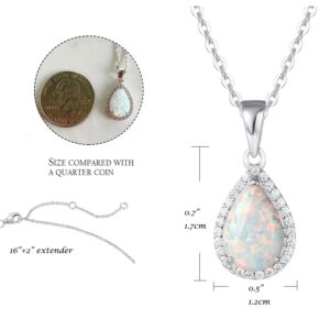 FANCIME Sterling Silver Opal Necklace White Fire Opal Halo Waterdrop Teardrop Pear Shape Opal Pendant October Birthstone Necklace Jewelry for Women 16”+2”