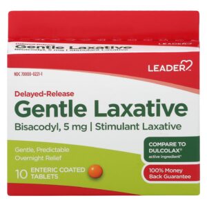 leader gentle laxative, bisacodyl usp 5 mg, 10 enteric coated tablets (pack of 4)