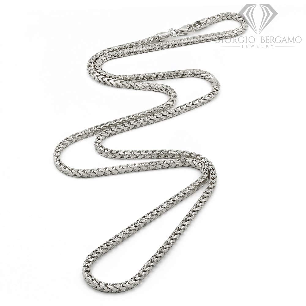 Giorgio Bergamo 925 Italian Sterling Silver 2.5mm Solid Franco Chain, Rhodium Plated Square Box Link Necklace, (20)