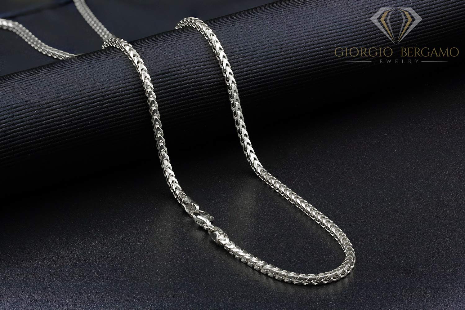 Giorgio Bergamo 925 Italian Sterling Silver 2.5mm Solid Franco Chain, Rhodium Plated Square Box Link Necklace, (20)