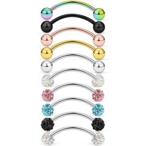 lcolyoli 20g surgical steel tiny curved eyebrow barbell ear navel belly ring piercing jewelry for women men 10mm 3/8 inch crystal shiny ball spike 10 pieces silver-tone rose gold black