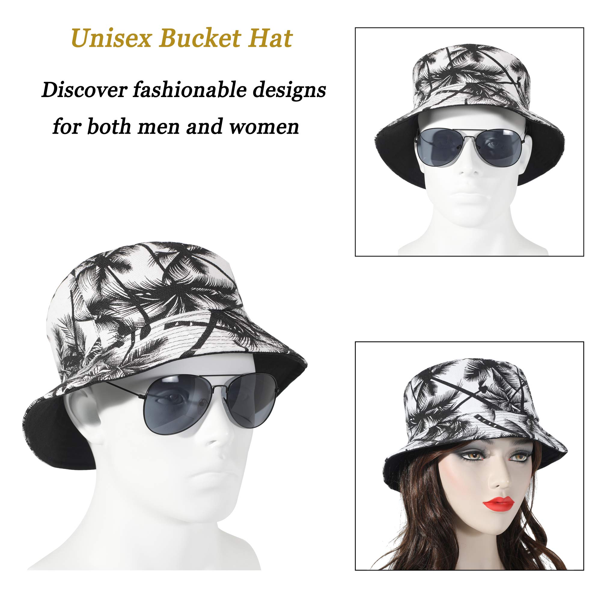 ZLYC Unisex Cute Print Bucket Hat Summer Travel Fisherman Cap for Women Men Teens (Palm Tree Black)