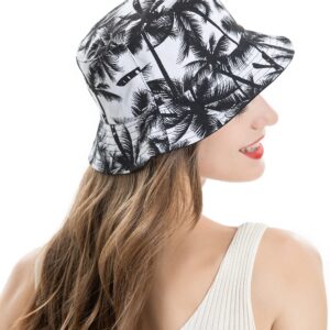 ZLYC Unisex Cute Print Bucket Hat Summer Travel Fisherman Cap for Women Men Teens (Palm Tree Black)