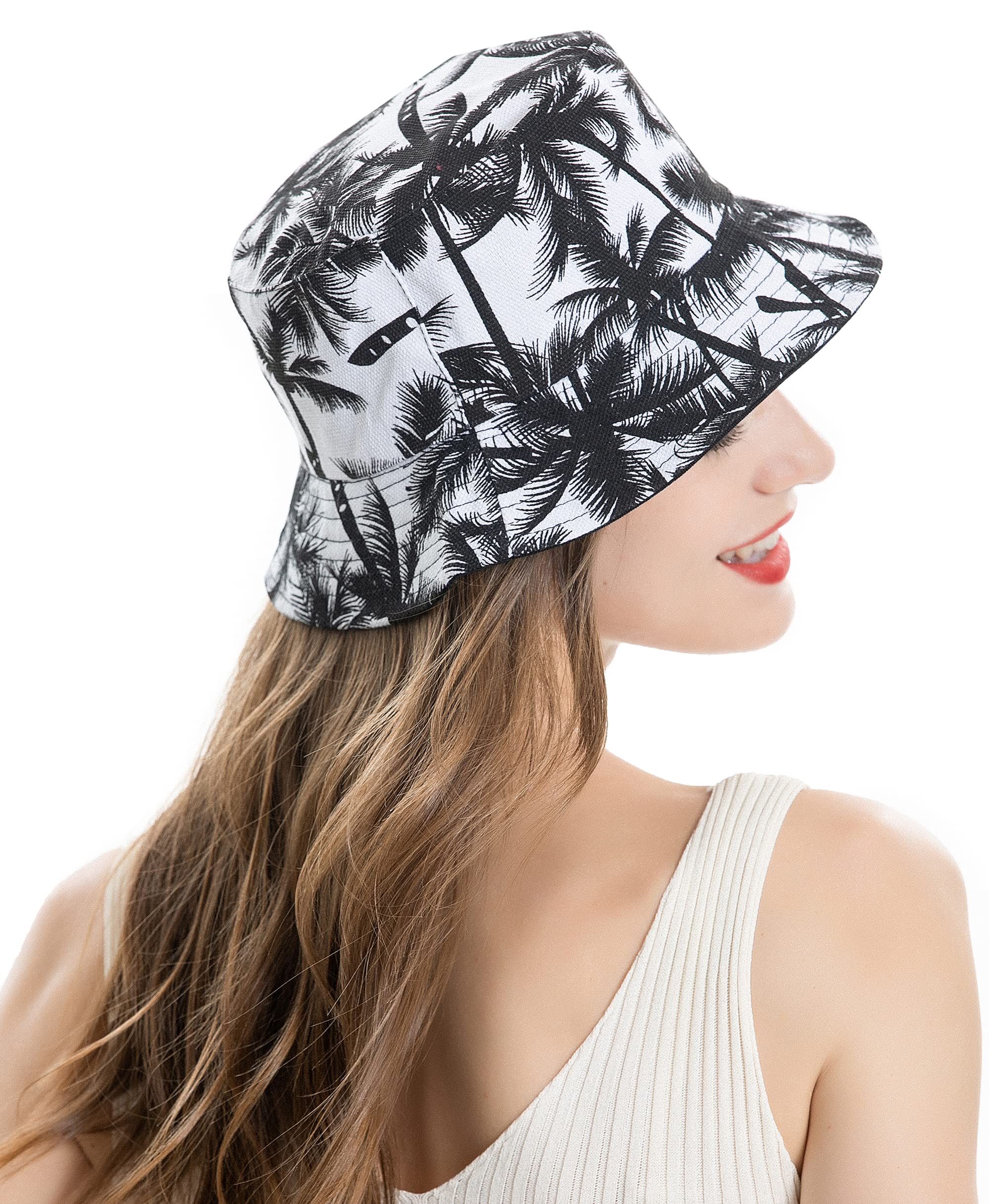 ZLYC Unisex Cute Print Bucket Hat Summer Travel Fisherman Cap for Women Men Teens (Palm Tree Black)