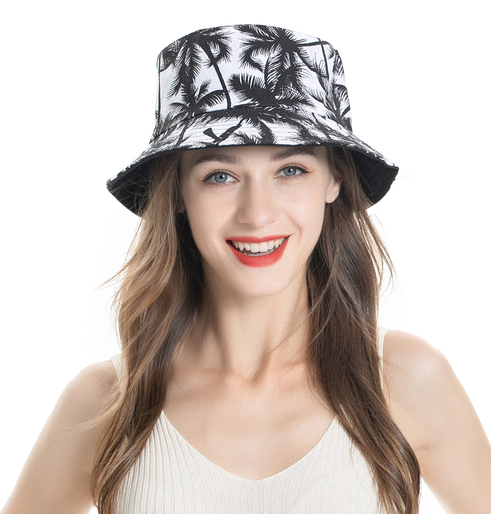 ZLYC Unisex Cute Print Bucket Hat Summer Travel Fisherman Cap for Women Men Teens (Palm Tree Black)