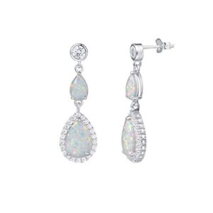 fancime october birthstone earrings created opal dangle earrings sterling silver 2 stones white fire opal halo cubic zirconia long teardrop earrings for women