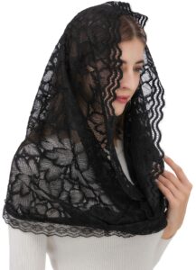 pamor infinity floral veils scarf chapel veil head covering wrap style latin mass lace mantilla (black)