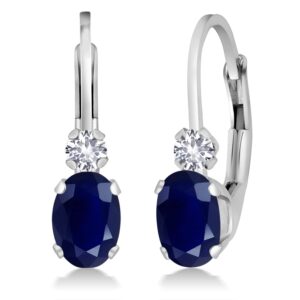 gem stone king 14k white gold blue sapphire and white created sapphire leverback earrings for women | 1.18 cttw | gemstone september birthstone | oval 6x4mm, round 2mm | 3/4 inch