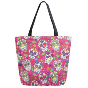 zzwwr chic mexican sugar skull floral pattern extra large canvas beach travel reusable grocery shopping tote bag portable storage handbag