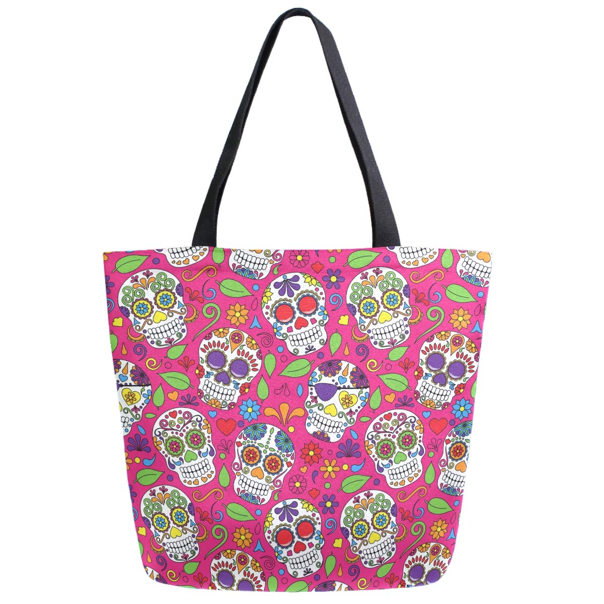 ZzWwR Chic Mexican Sugar Skull Floral Pattern Extra Large Canvas Beach Travel Reusable Grocery Shopping Tote Bag Portable Storage HandBag