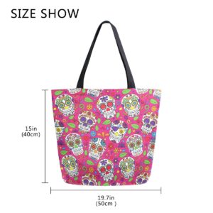 ZzWwR Chic Mexican Sugar Skull Floral Pattern Extra Large Canvas Beach Travel Reusable Grocery Shopping Tote Bag Portable Storage HandBag