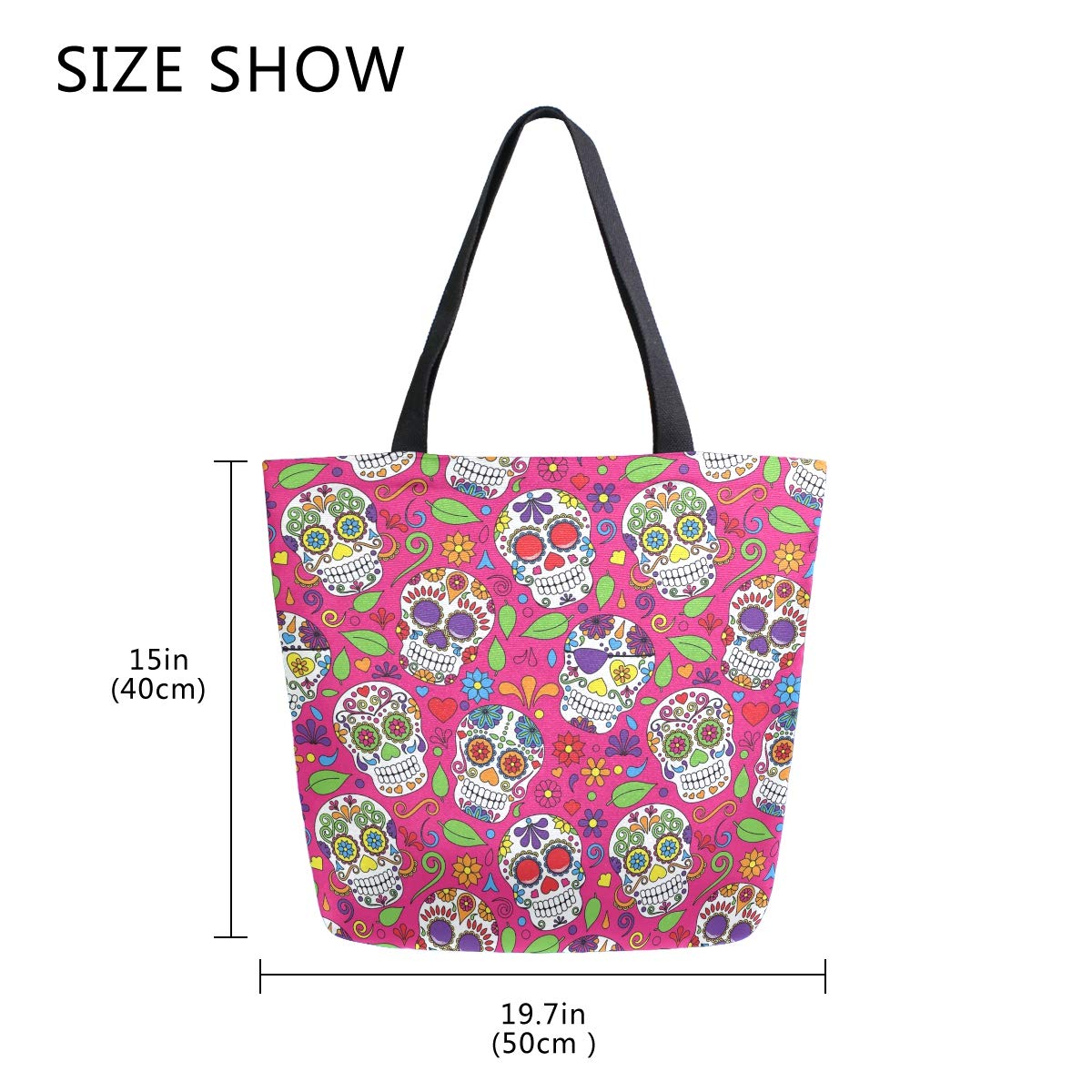 ZzWwR Chic Mexican Sugar Skull Floral Pattern Extra Large Canvas Beach Travel Reusable Grocery Shopping Tote Bag Portable Storage HandBag